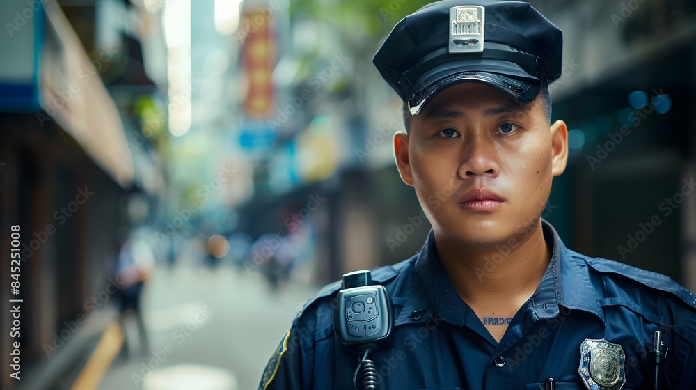 Portrait of a municipal policeman for law enforcement, security, or ...