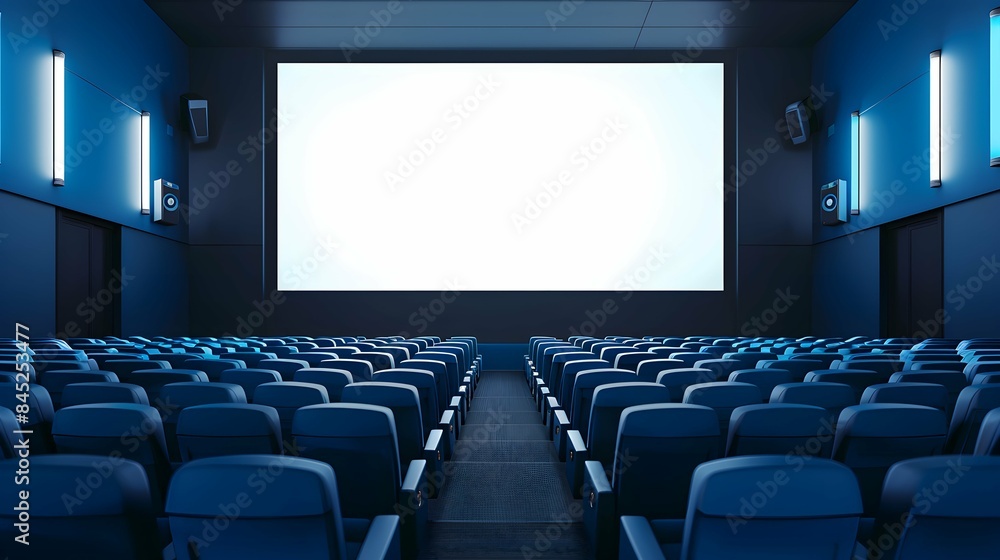Movie cinema hall interior with rows of blue seats and white blank ...