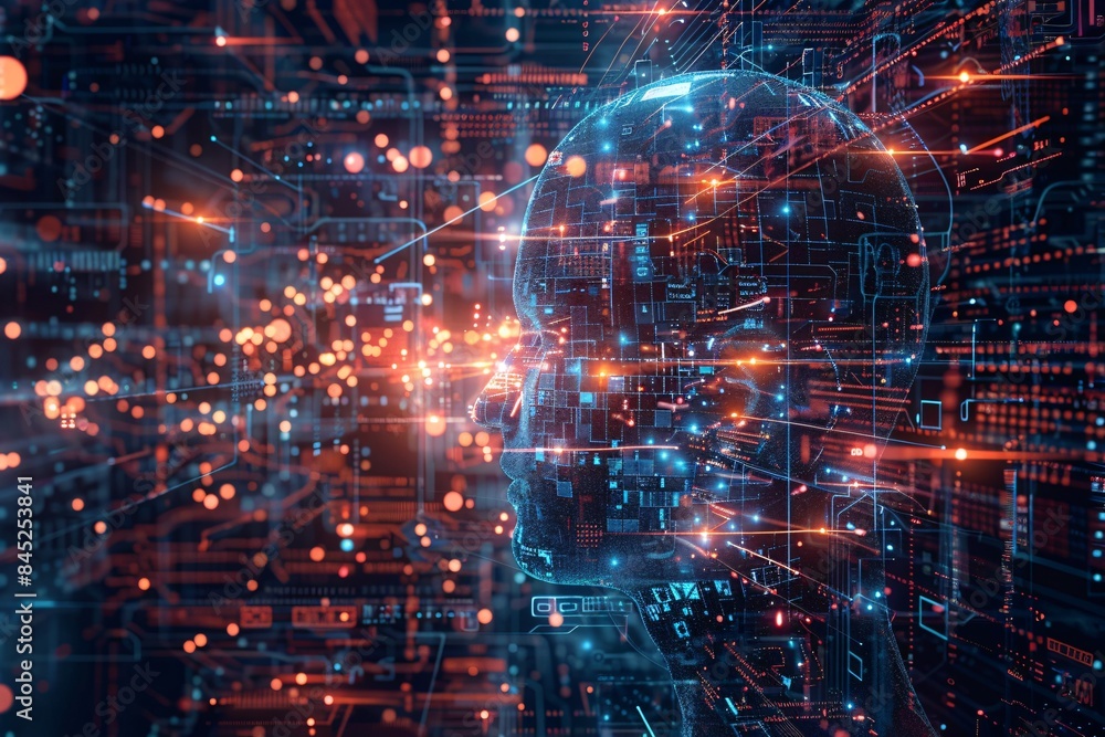 Editorial style illustration of a machine learning process featuring artificial intelligence ...