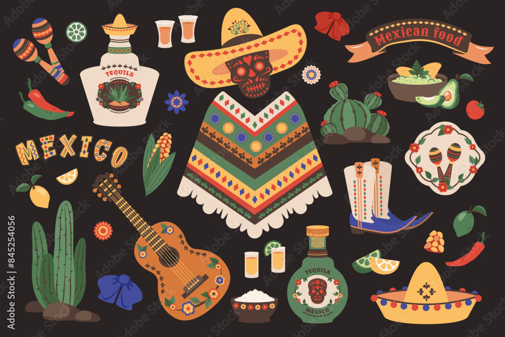 Different cartoon elements of mexican culture. Mexican food, hat, skull ...