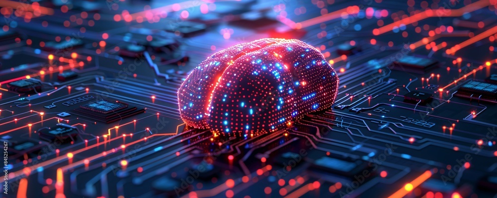 Editorial style illustration of a machine learning process featuring artificial intelligence ...