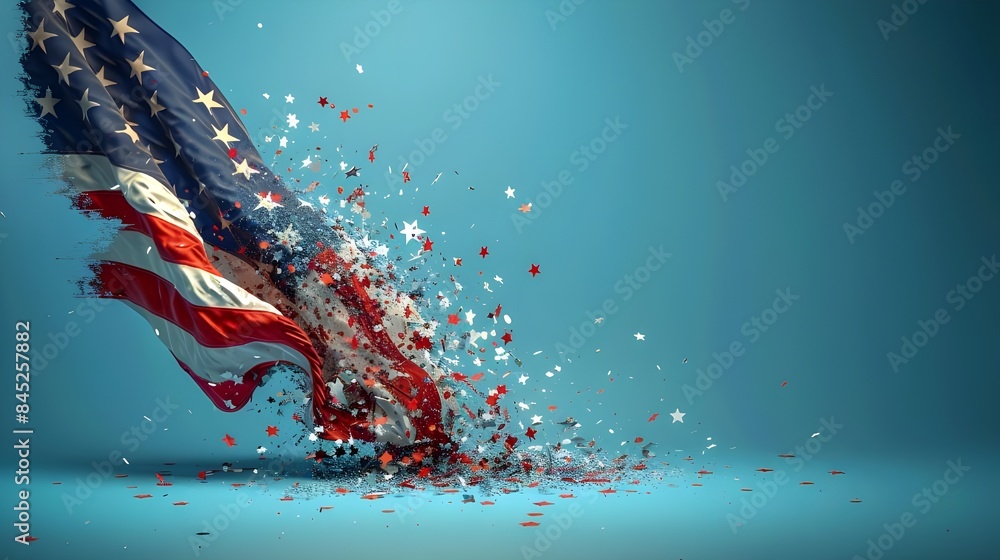 dynamic picture of stars strewn around with an American flag breaking ...