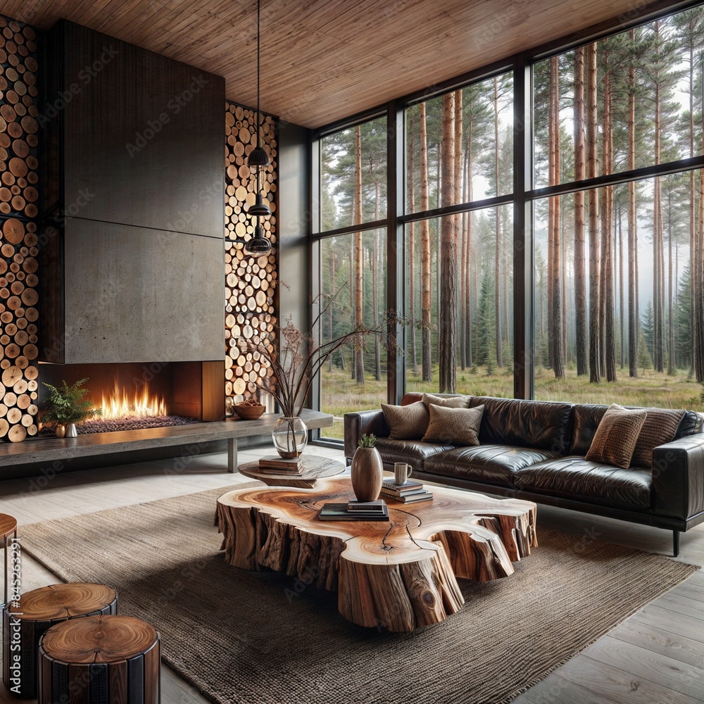 Modern cozy living room with large windows offering forest views ...