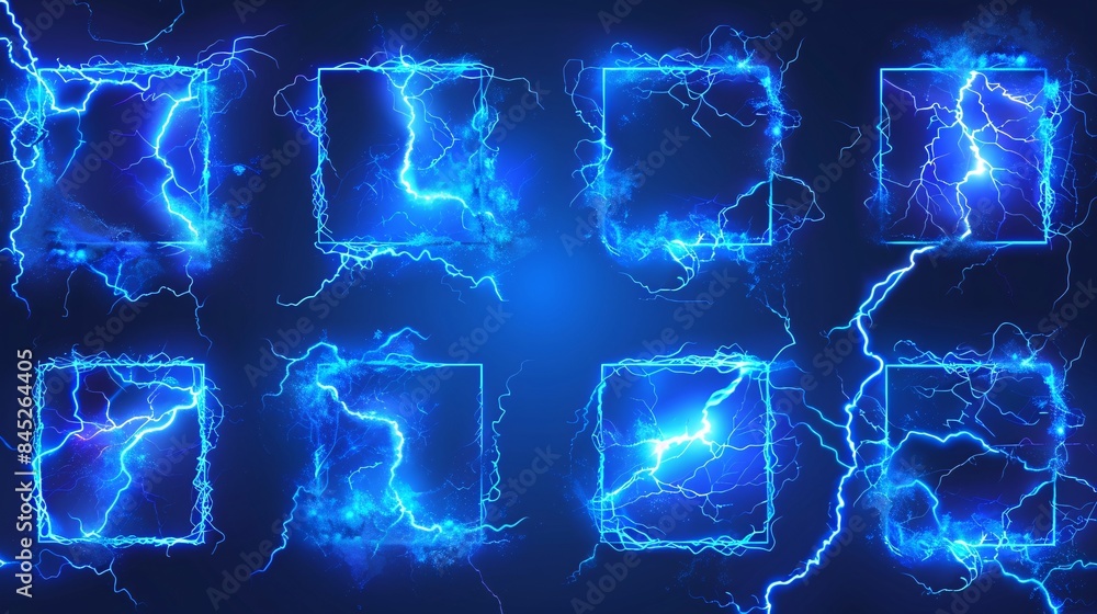 Lightning frames, blue electric borders of rectangular and square ...