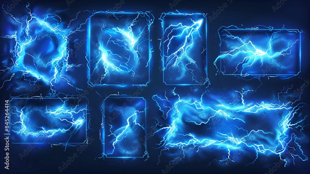Lightning frames, blue electric borders of rectangular and square ...