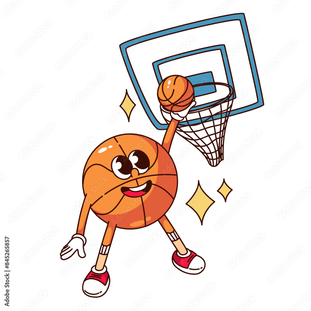 Groovy orange ball cartoon character playing basketball. Funny retro ...