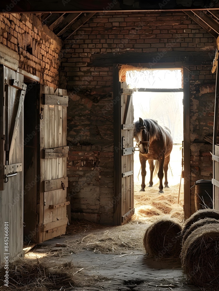 Inside a bricks stable looking trough a door two hay rolls and horses ...