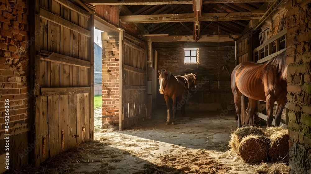 Inside a bricks stable looking trough a door two hay rolls and horses ...