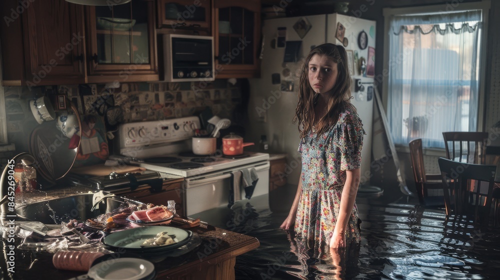 young woman standing in a flooded kitchen, staring blankly at floating ...