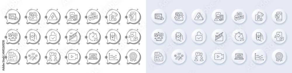 Stairs, Lock and Electric app line icons. White pin 3d buttons, chat ...