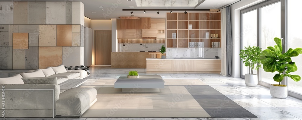 Home renovation visualization app mockup with 3D room layouts and ...