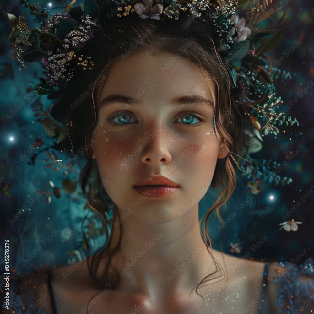 Ethereal celestial goddess portrait, featuring celestial motifs and ...