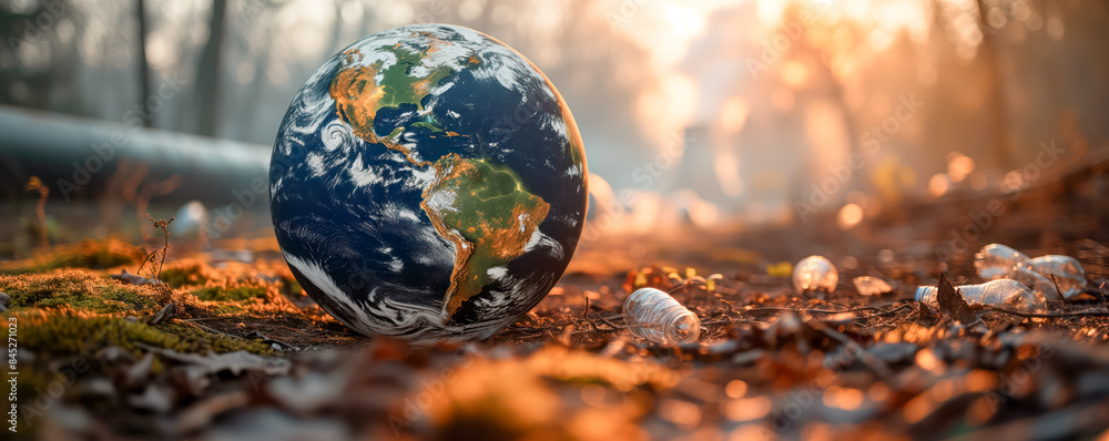 Abstract background of overheated earth globe on polluted land with ...