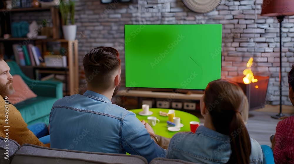 Group of people enjoying movie on television with greenscreen template ...
