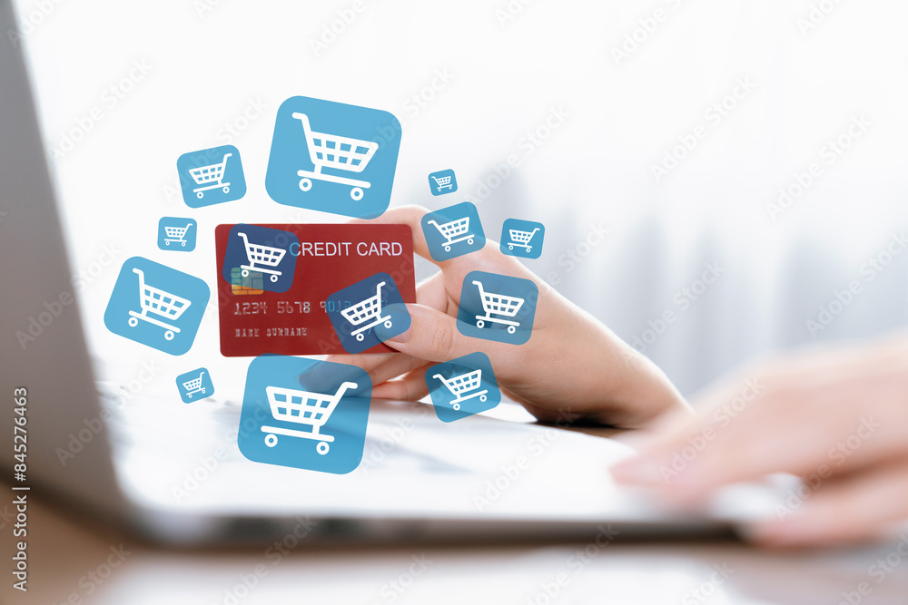 Elegant customer hold credit card with hologram interface choose online ...