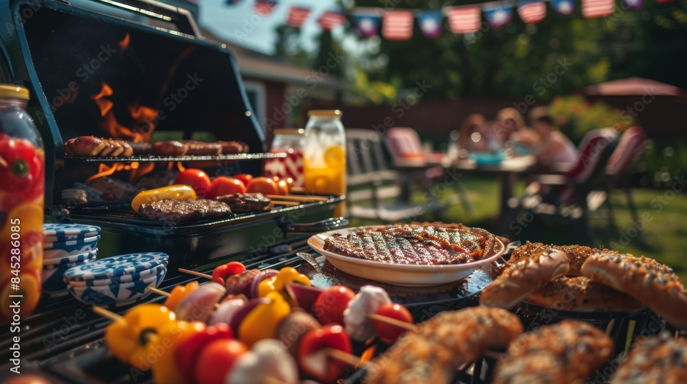 Friends and family enjoying a grill and BBQ party, patriotic foods and ...