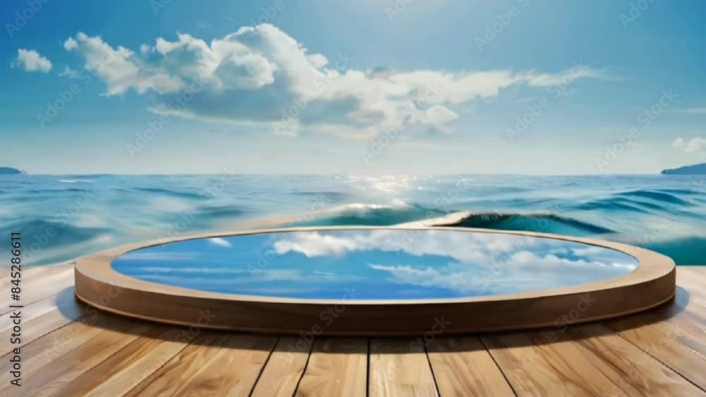 Closed up podium to display product on ocean wave view and blue sky 4k ...