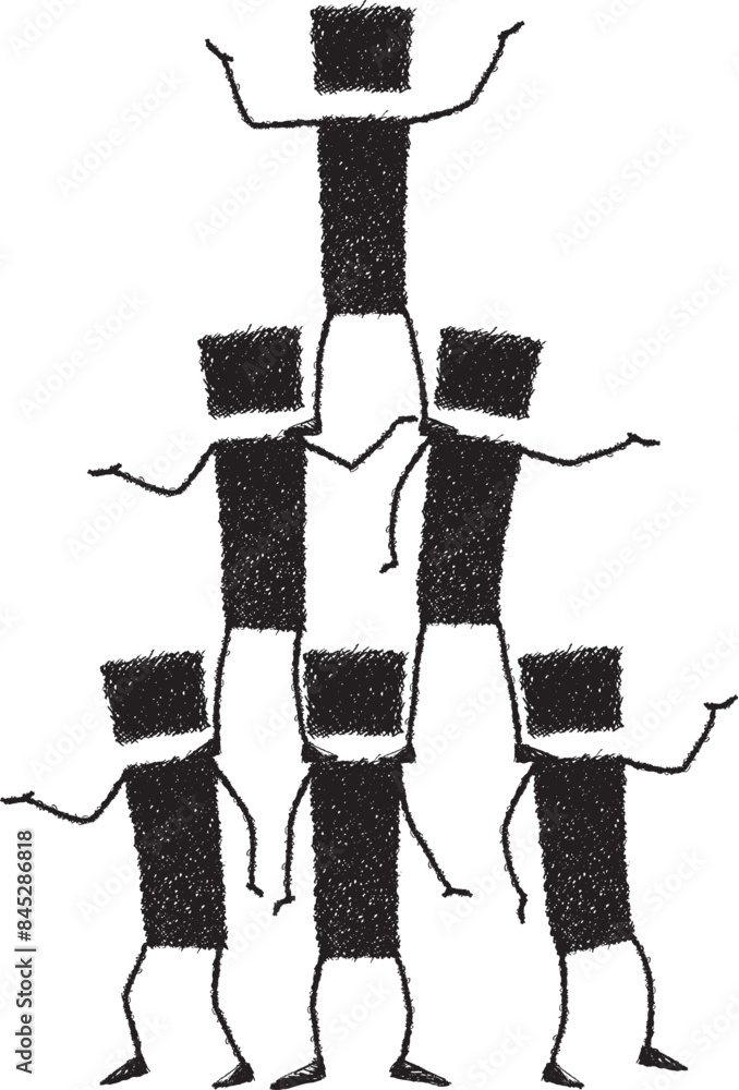 People pyramid, stick figures. A group of stick figures creates a human ...