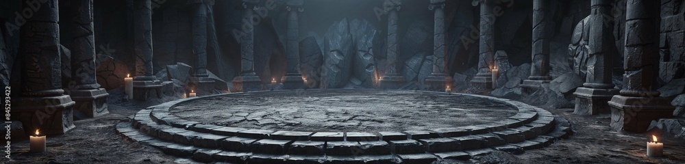 Circular Stone Arena with Rows of Pillars and Dark Background, 3D ...