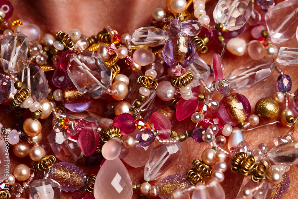 Rich person, closeup and vintage necklace on studio background for ...