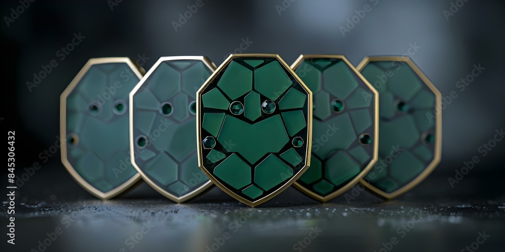 Hexagonal green shield badges with gemstones on black background for ...