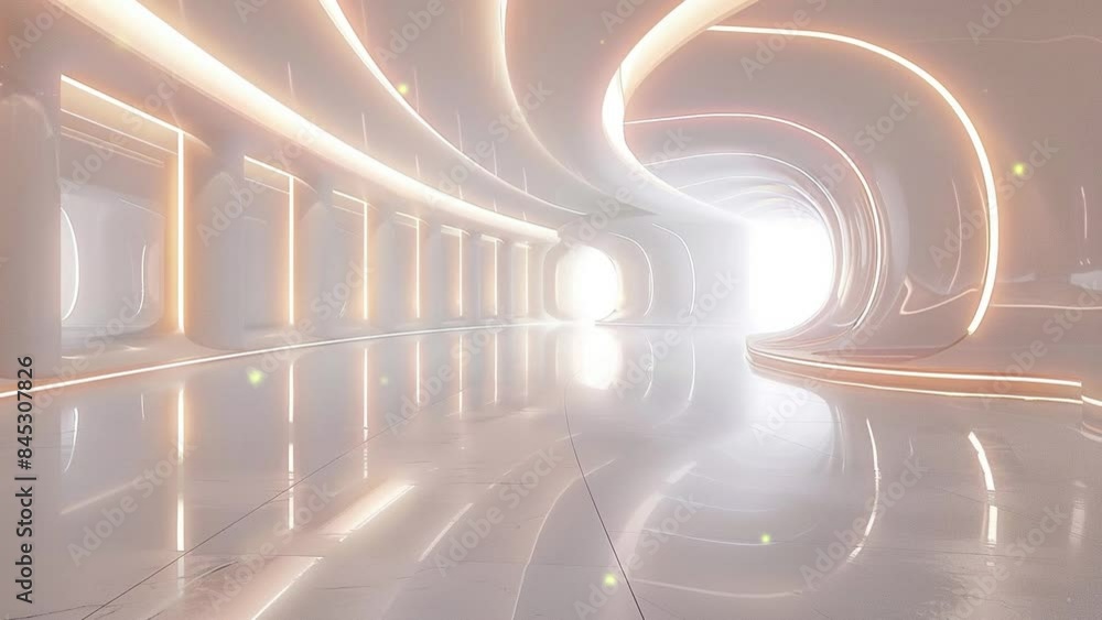 Abstract Architecture. Empty Long Light Corridor. Animation of modern ...
