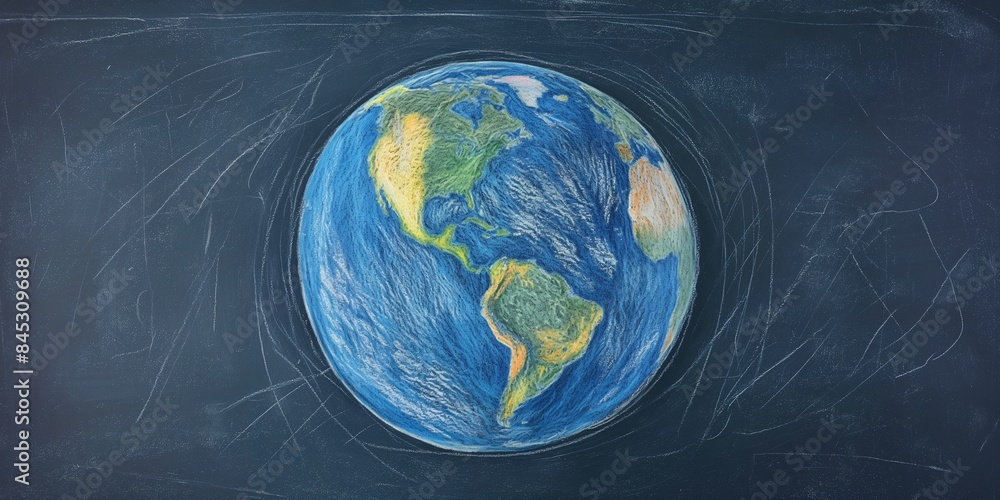 A vibrant chalk drawing of Planet Earth, displaying detailed continents ...