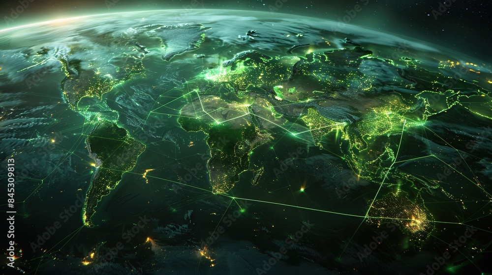 World map animated with connections between nations through neon green ...