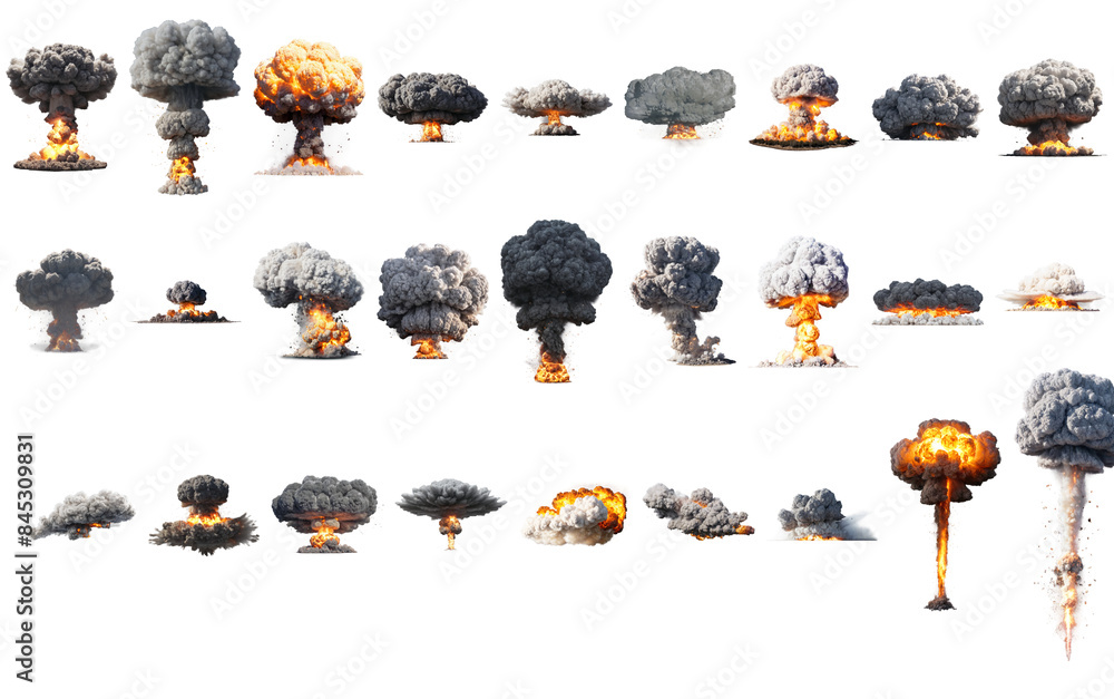 Nuclear explosion collage. Set of illustrations with no background with ...