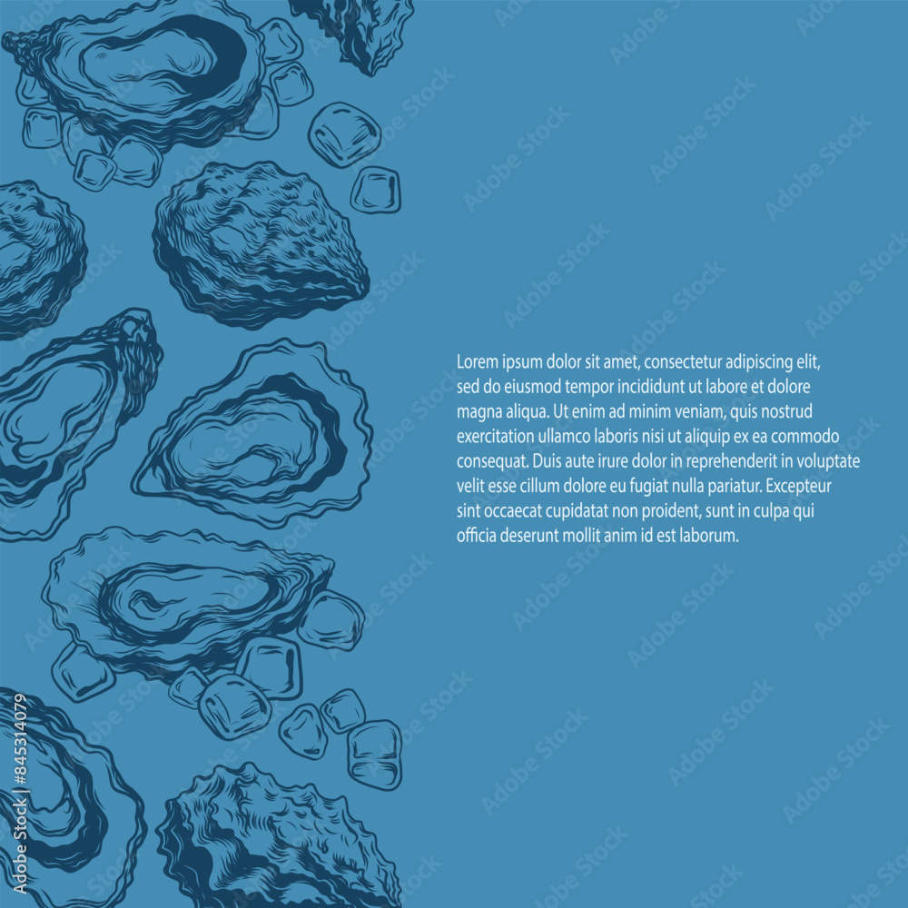 Sketch frame illustration of open and closed oysters and ice cubes. Ink ...