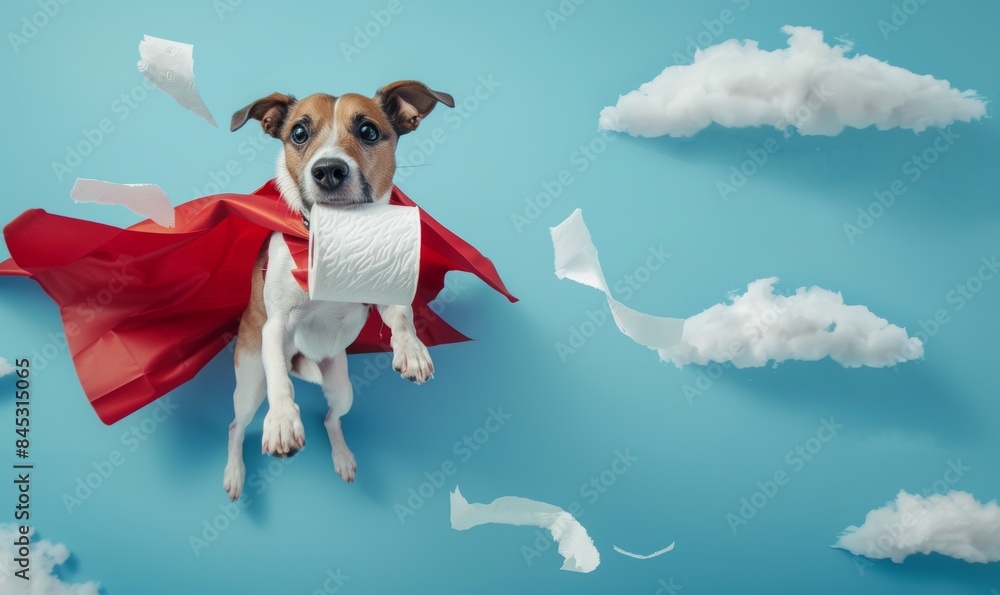 Cute dog in red cape flying in blue sky holding toilet paper Stock ...