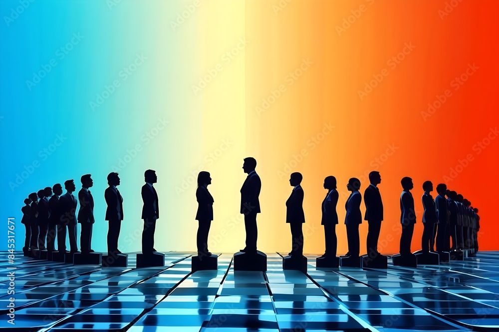 Rows of professionals stand face to face, illustrating the meticulous ...