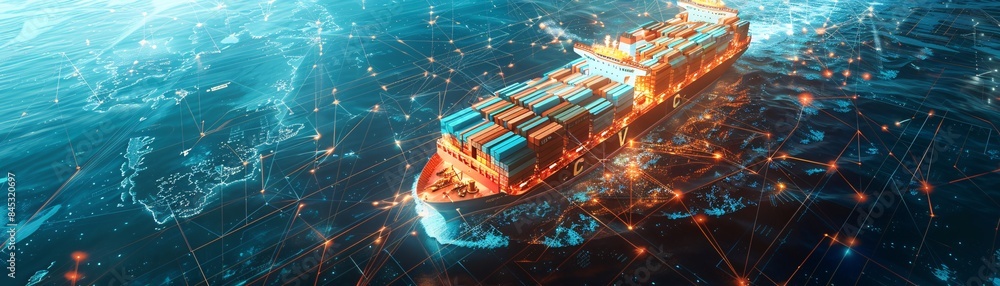 Magazine cover featuring a futuristic cargo container ship with ...