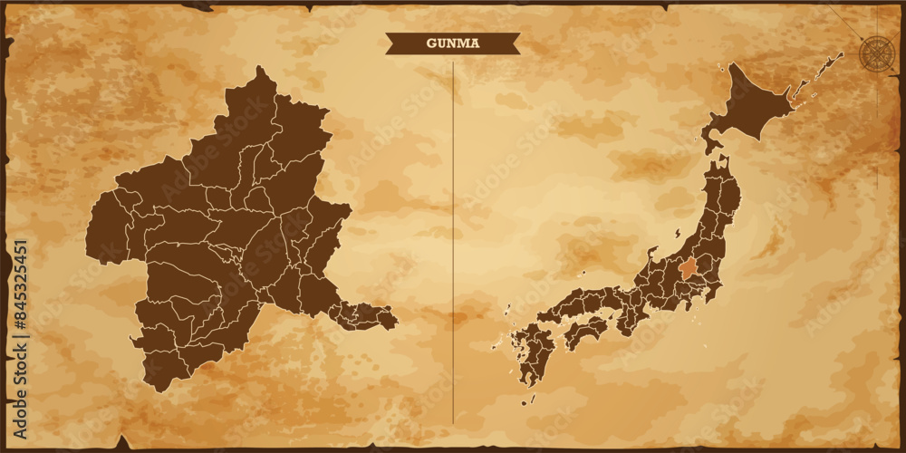 Gunma state map, Japan map with federal states in A vintage map based ...