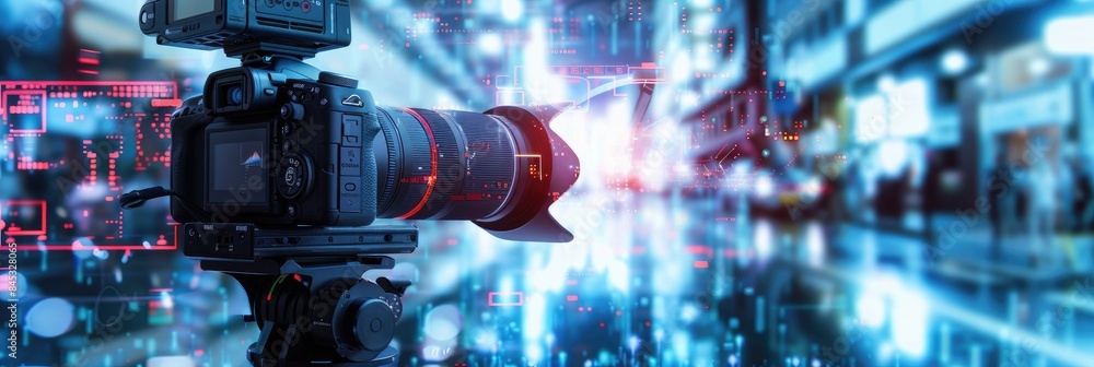 Modern video camera with a digital display recording an interview in a ...