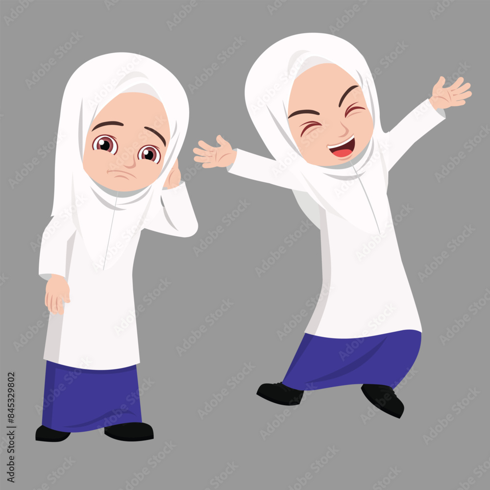 Cute little hijab girl student difference reaction emotion happy and ...