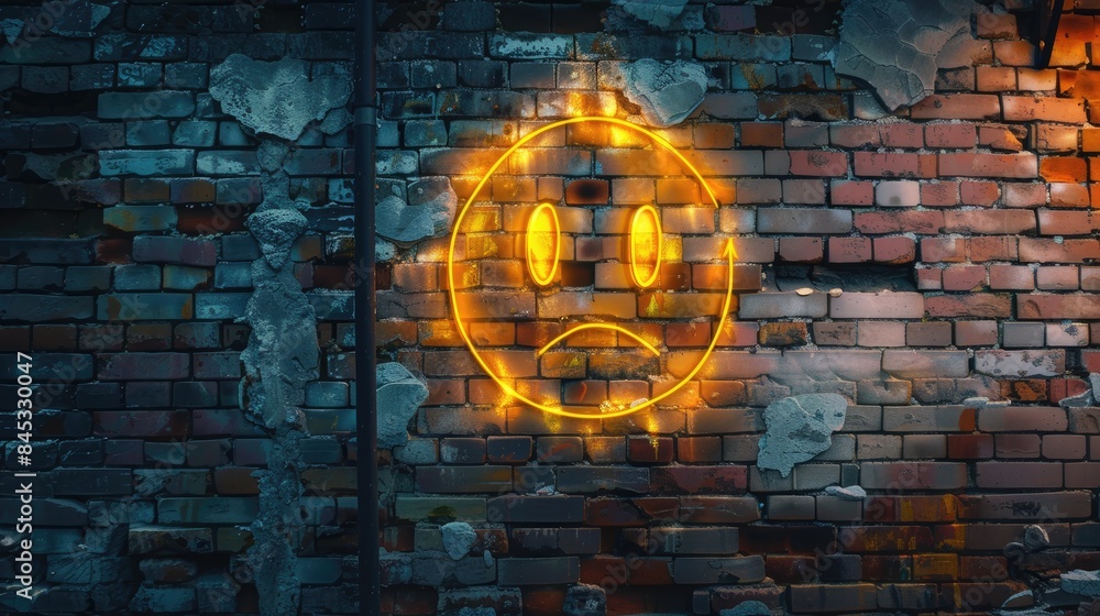 A vibrant neon yellow face graphic stands out against a brick wall ...