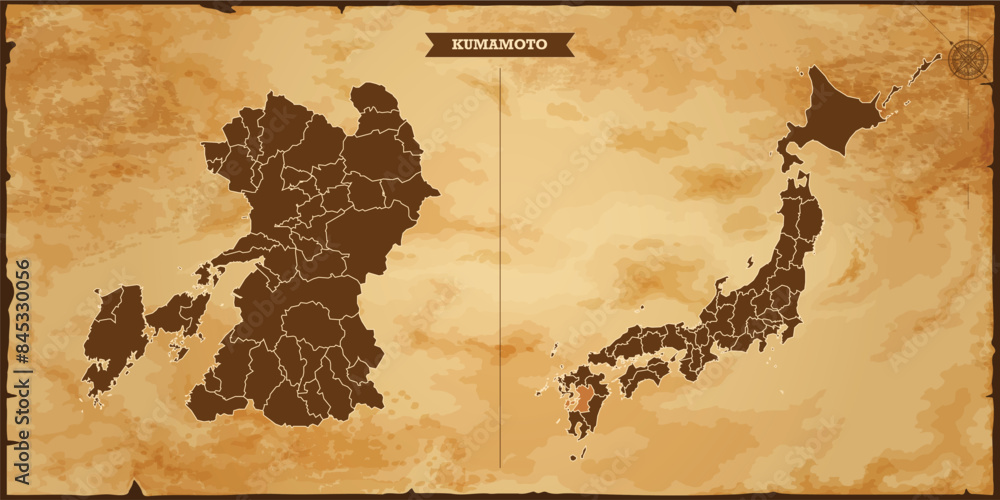 Kumamoto state map, Japan map with federal states in A vintage map ...