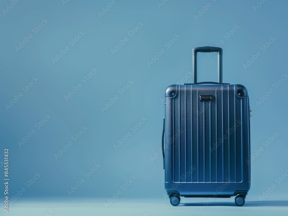 A modern blue travel suitcase with a retractable handle and wheels ...