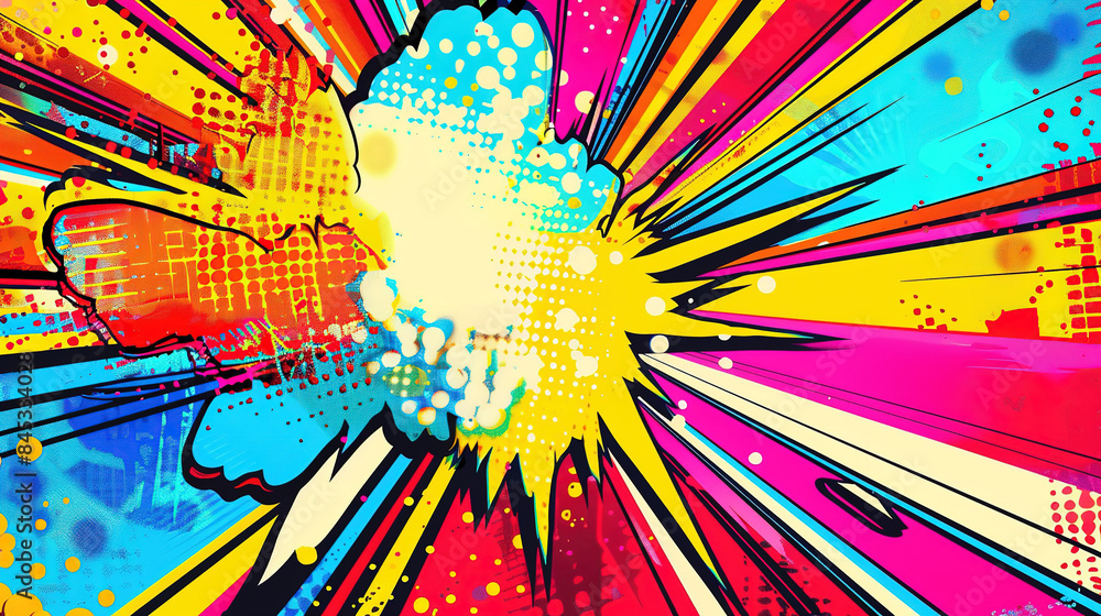 Comic cartoon pop art with vivid, saturated colors and bursts of light ...