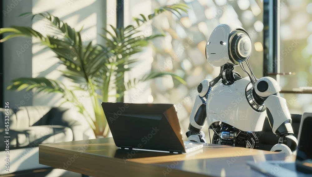 robot sits at a desk in the office and works at the computer Stock ...