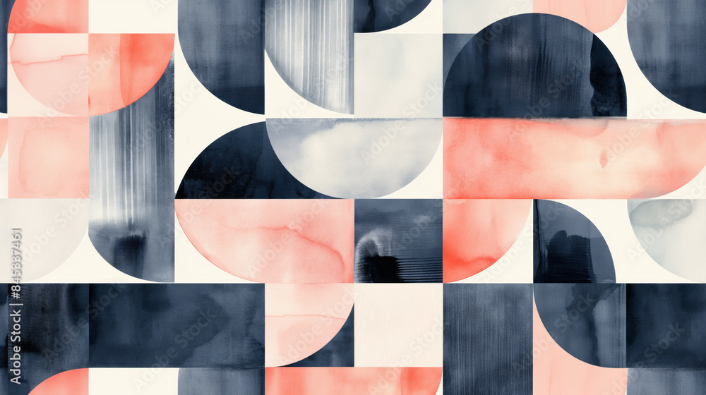 Geometric Abstract Watercolor Blue, Coral and Grey Pattern with Circles ...