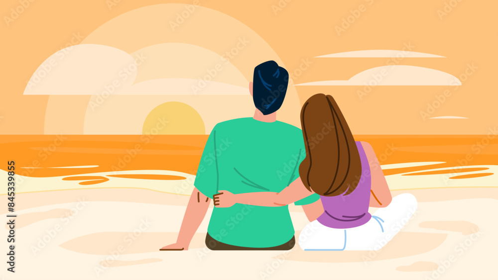 love watching sunrise couple vector. woman sea, sun man, family romance ...