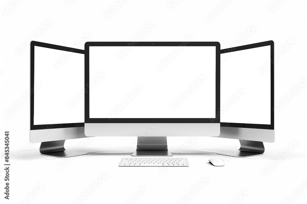 Realistic Mockup computer. Screen monitor display on three sides with ...