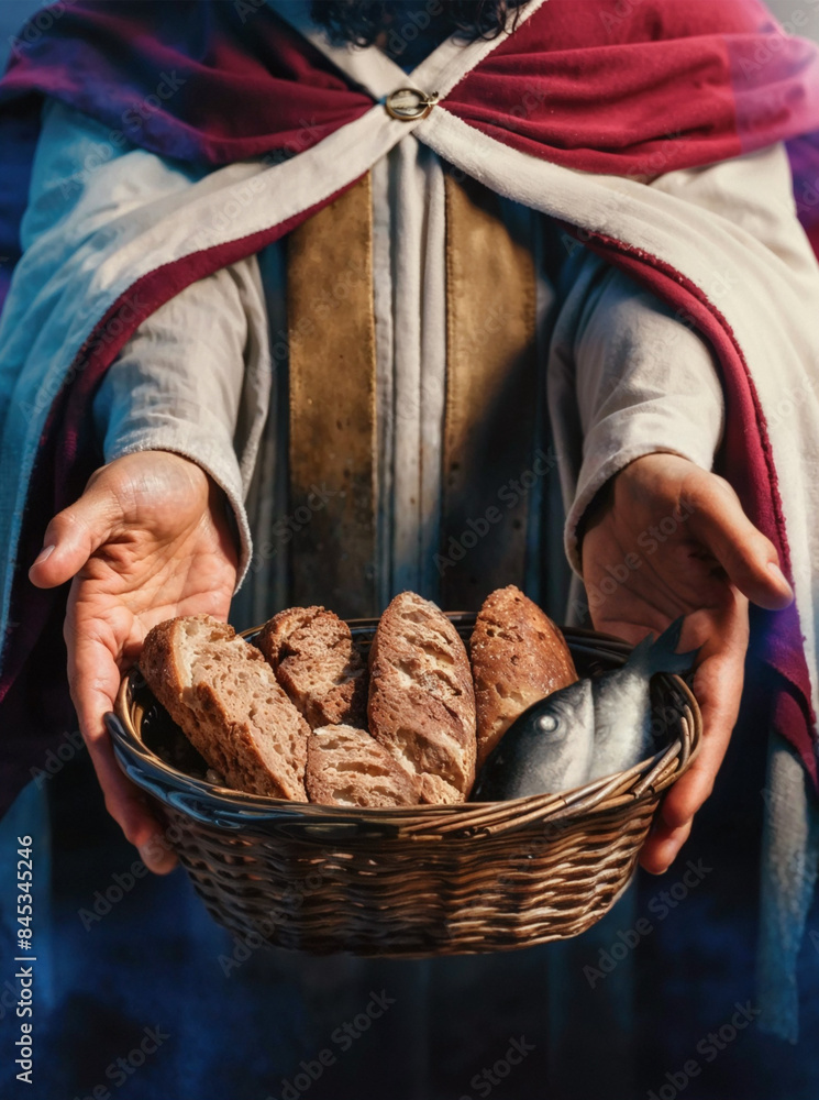 Jesus holding a basket with fish and bread. Biblical-themed artwork ...