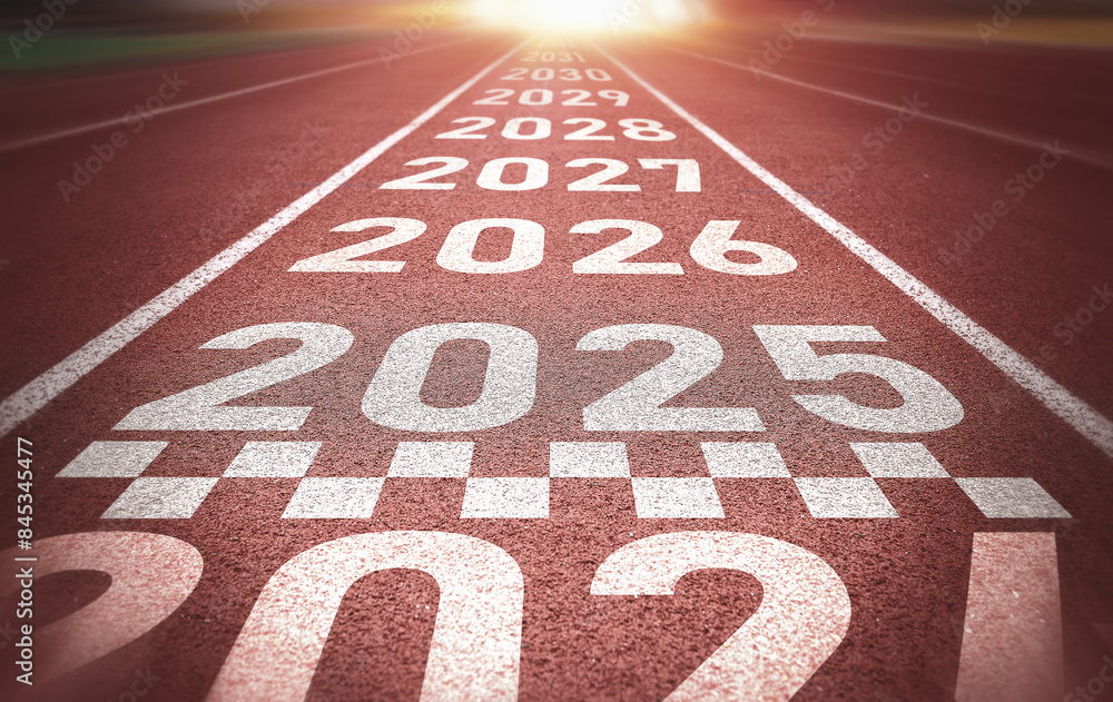 Start of new year. Changes of year 2025, 2026, 2027 on Running track ...