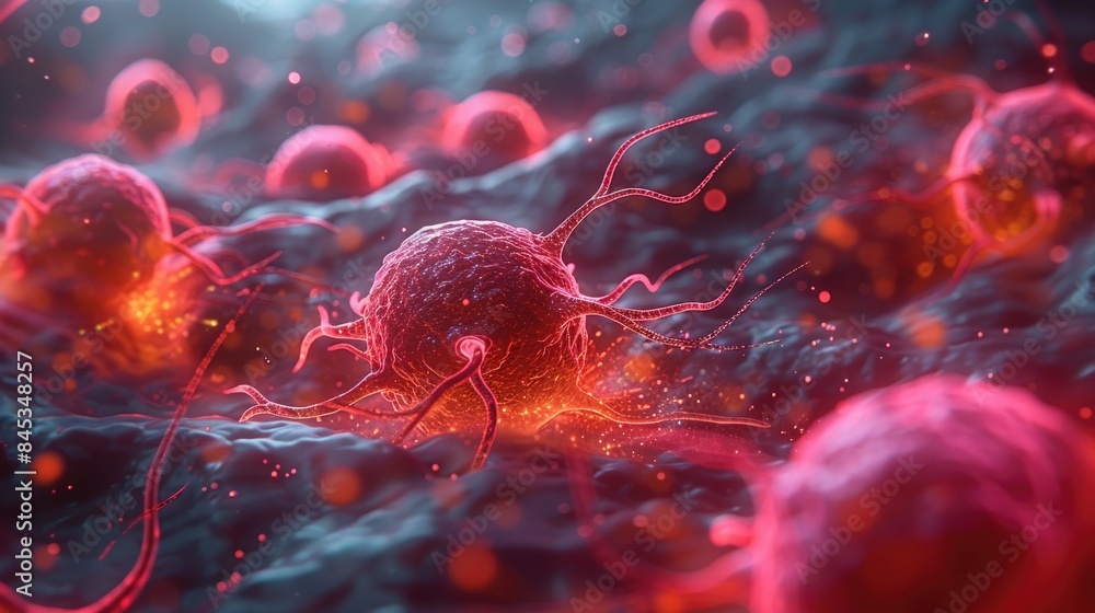 Cancer cells attacking and overwhelming a normal cell, illustrating the ...