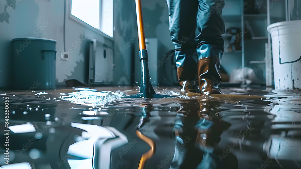 Mopping up deep floodwater in a basement or electrical room after a ...