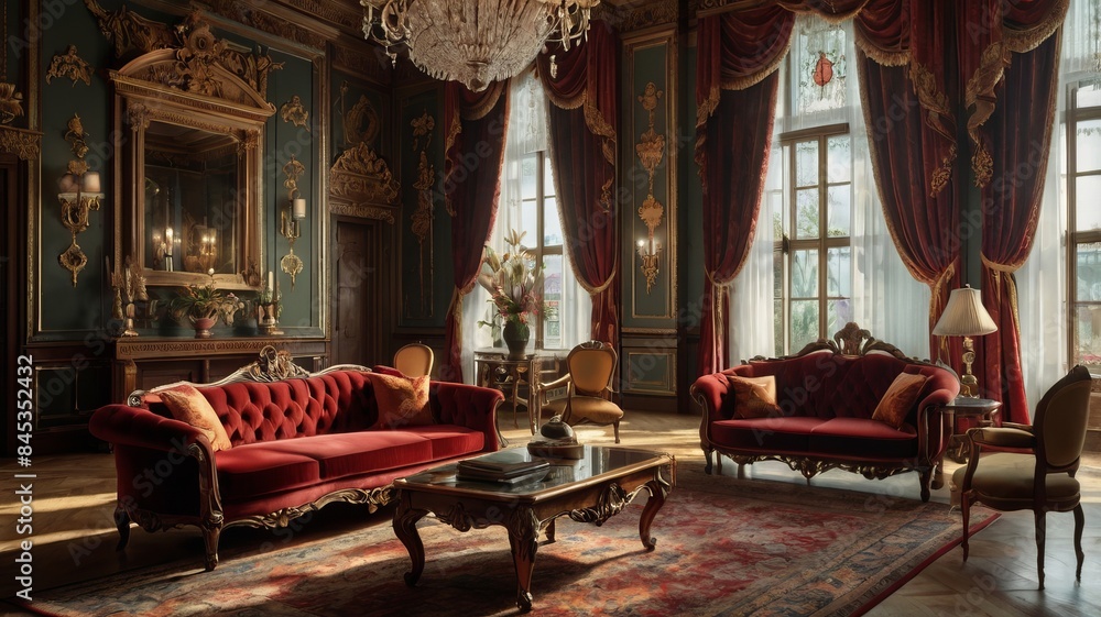 Victorian design interior ornate wooden furniture, intricate moldings ...