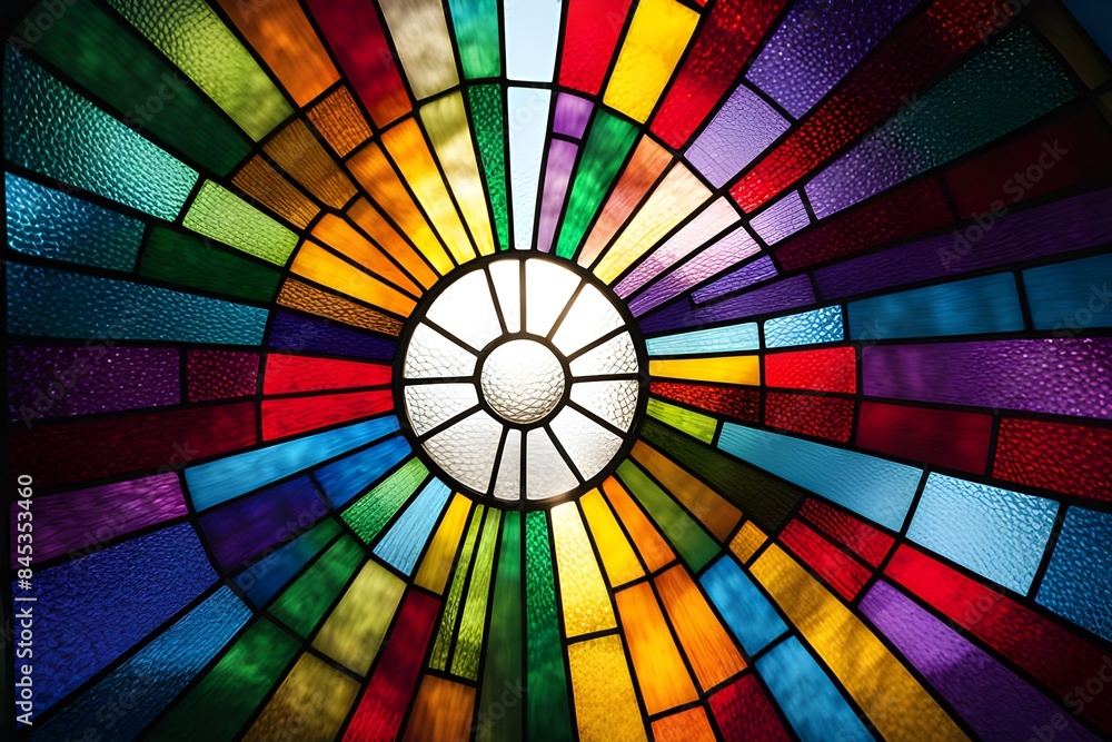 Radiant stained glass window with a white circle at the center ...
